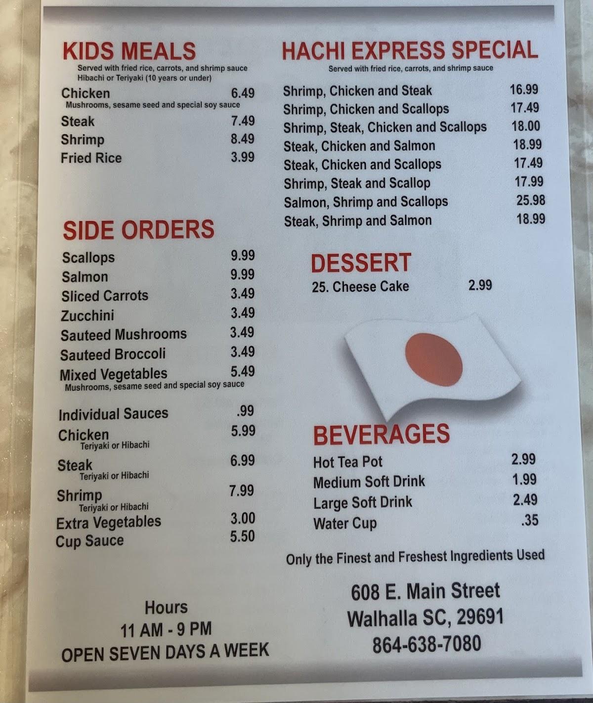 Menu at Hachi Express Steak & Seafood restaurant, Walhalla