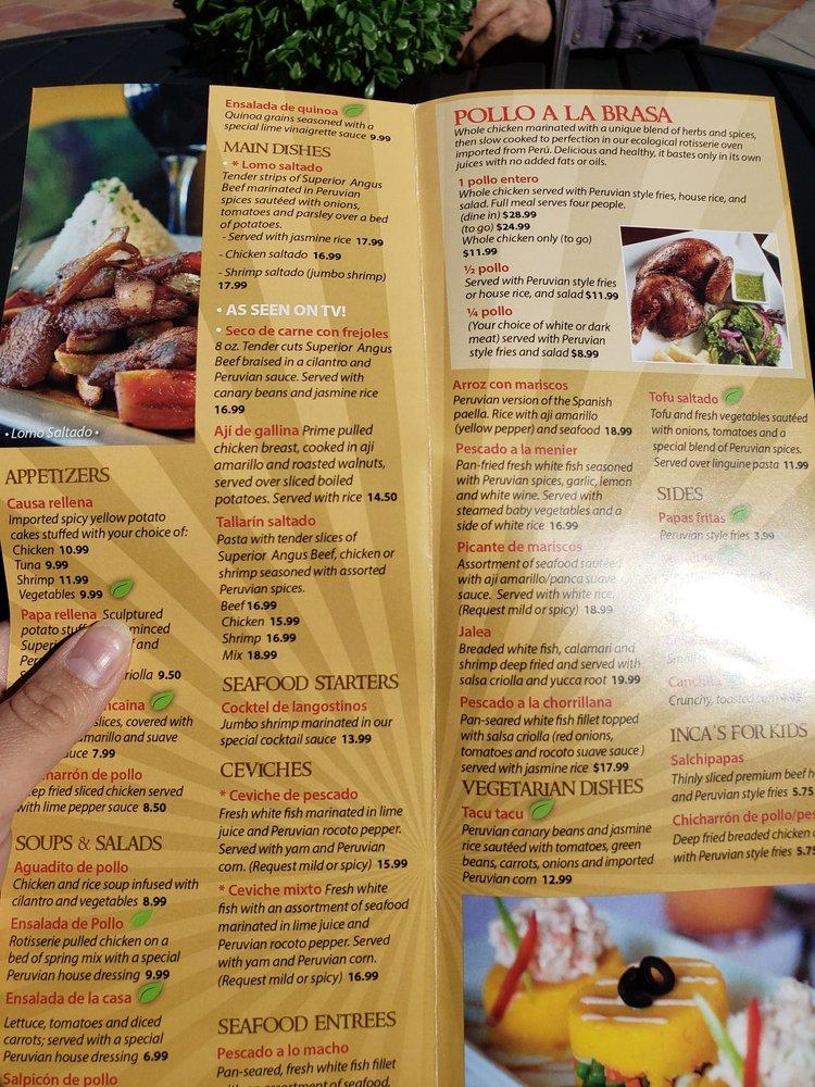 Carta del restaurante Inca's Peruvian Cuisine, Tucson