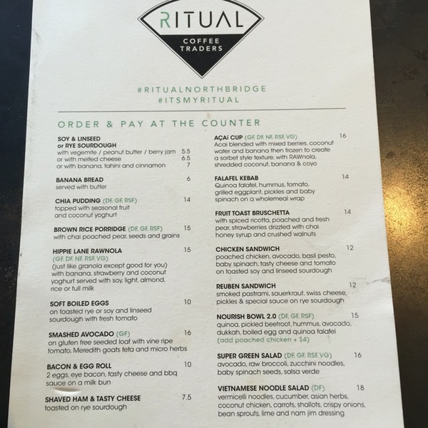 Menu at Ritual Coffee Traders Northbridge cafe, Northbridge
