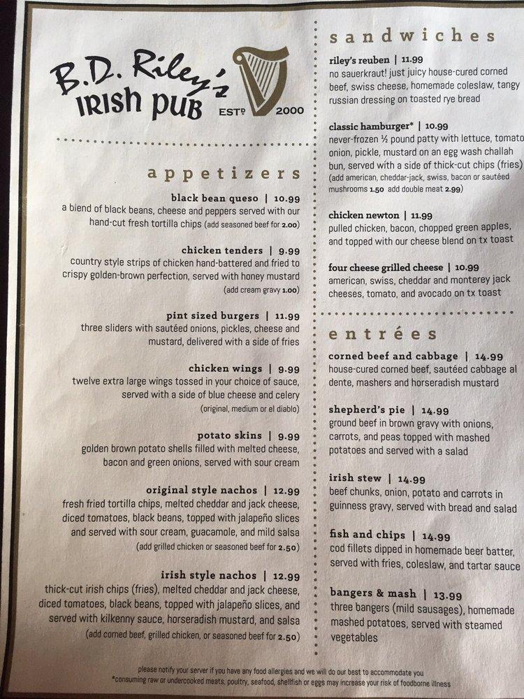Menu at B.D. Riley's Irish Pub at Mueller, Austin
