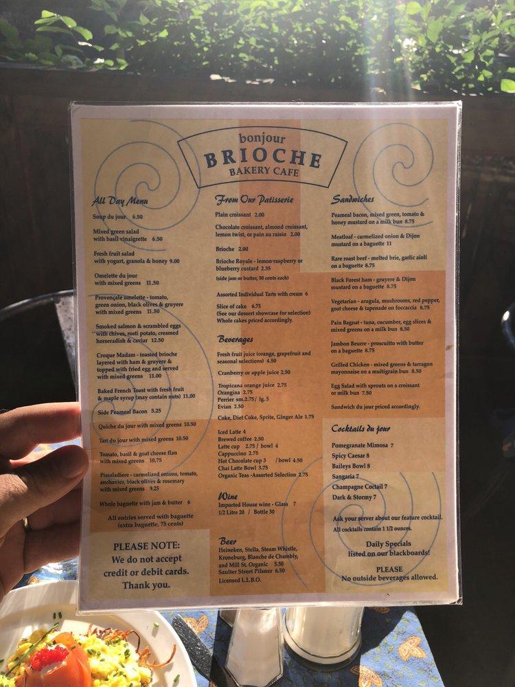Menu at Bonjour Brioche cafe, Toronto