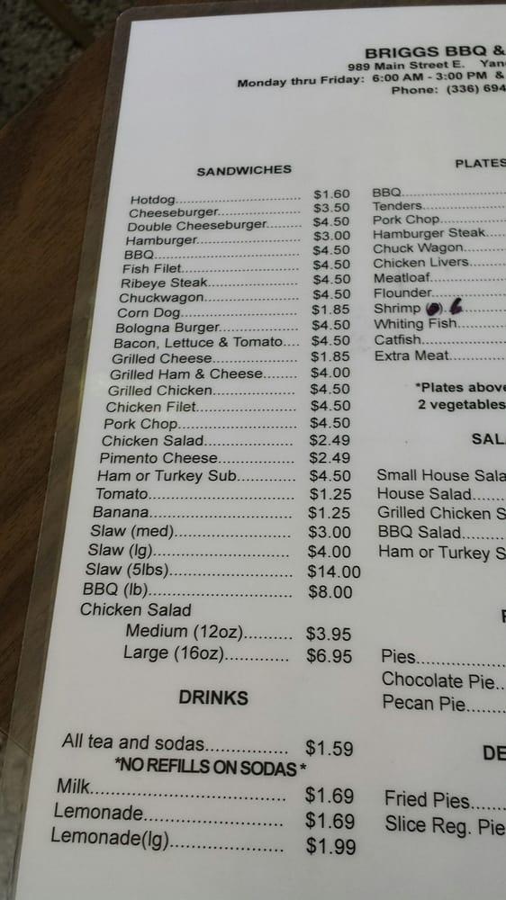 Menu at Briggs Bar-B-Que & Grill, Yanceyville, 989 E Main St