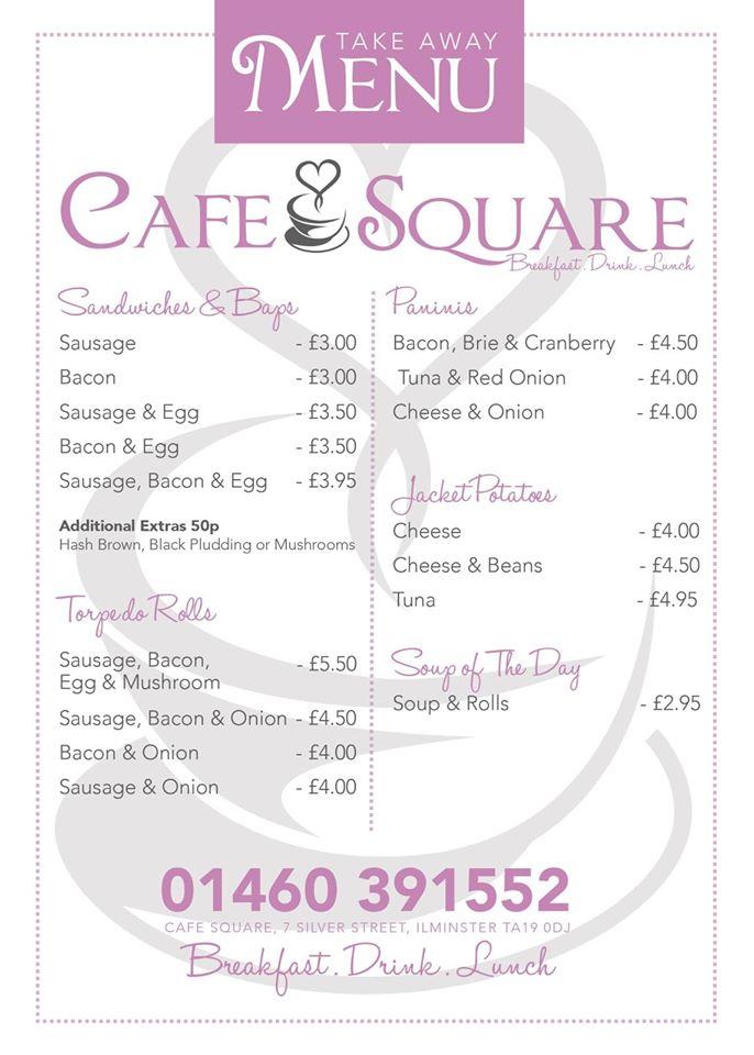 Menu at Cafe Square, Ilminster