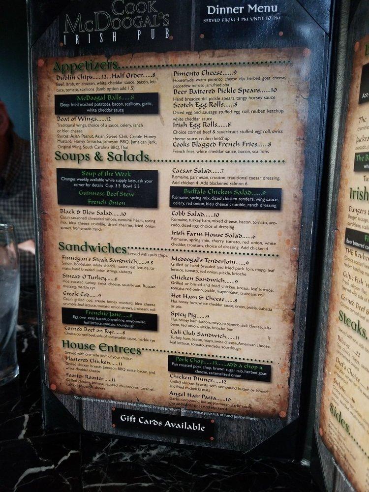 Menu at Cook McDoogal's Irish Pub, Kokomo