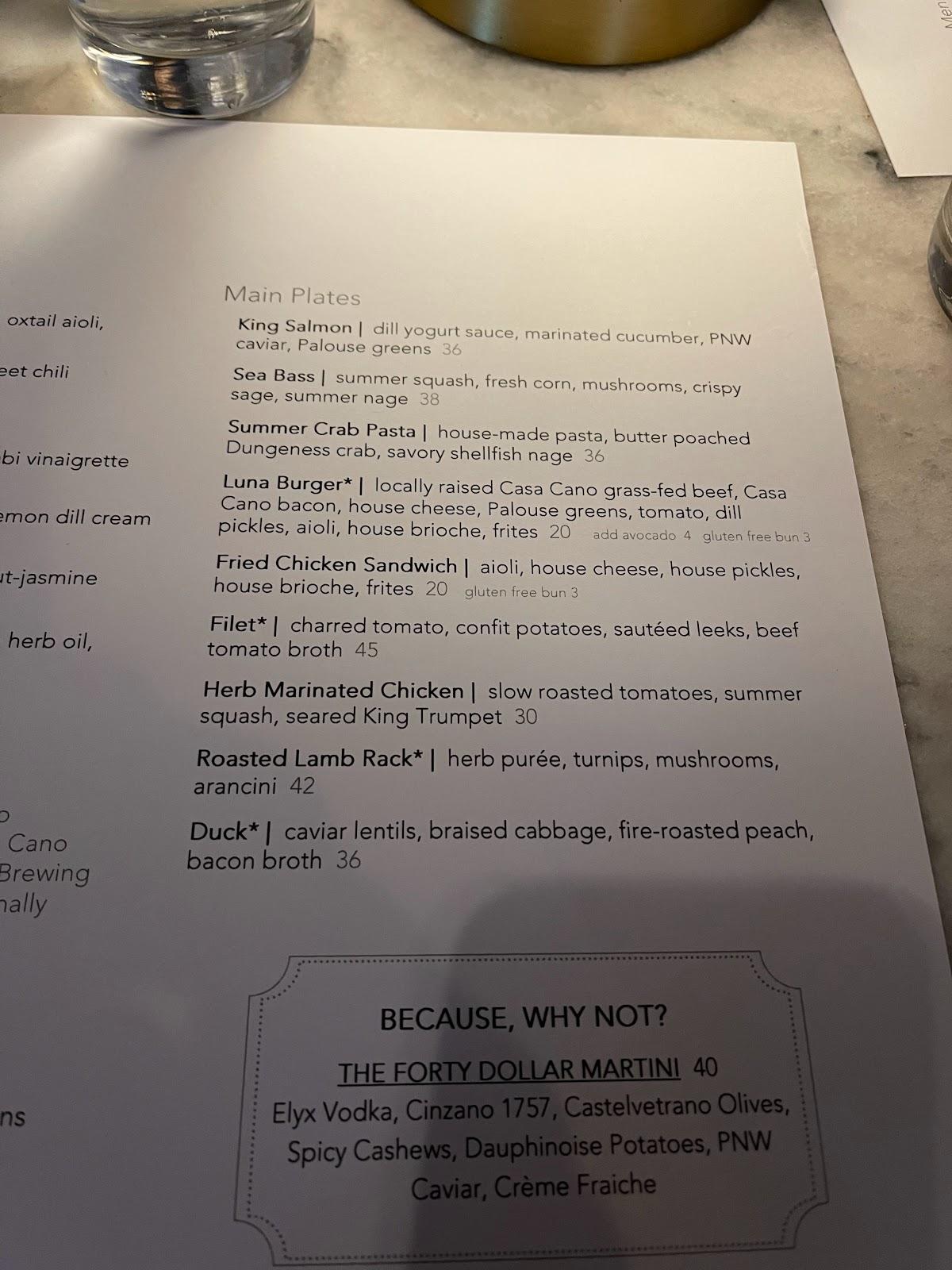 Menu at Luna restaurant, Spokane