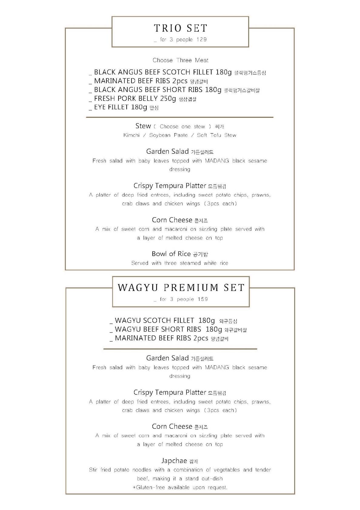 Menu at Madang Korean BBQ, Mitcham