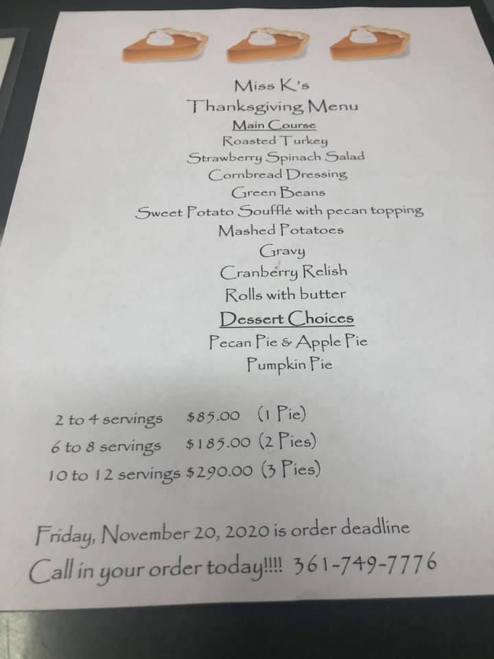 Menu at Miss K's Kitchen cafe, Port Aransas