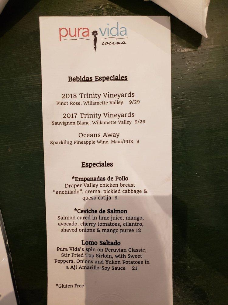 Carta del restaurante Pura Vida Cocina, McMinnville