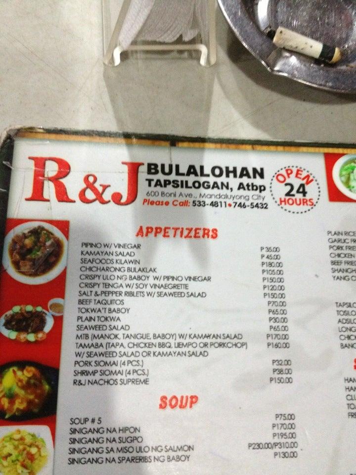 Menu at R&J Bulalohan restaurant, Mandaluyong