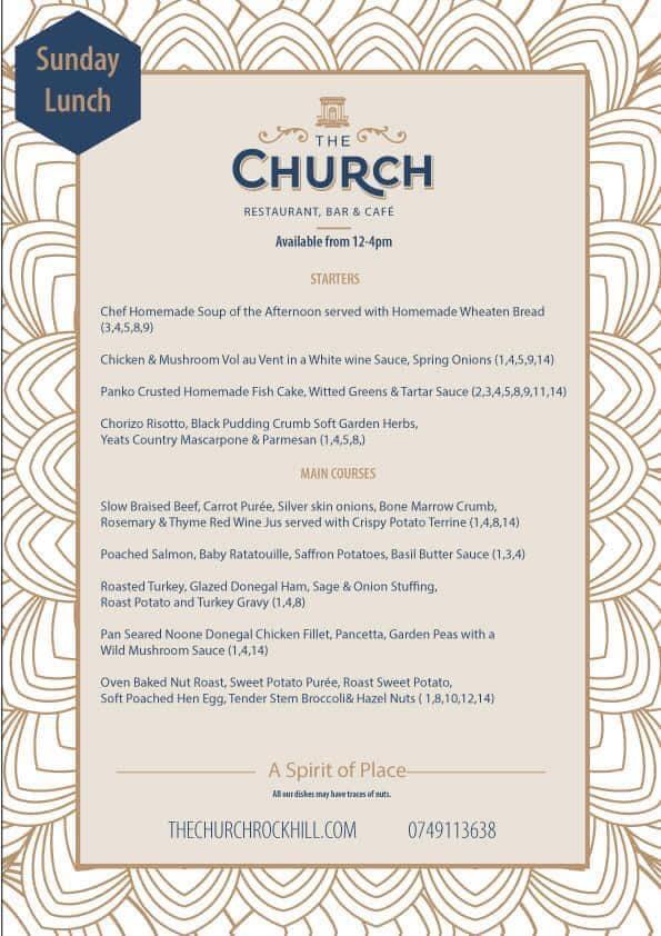 Menu at The Church Restaurant, Bar & Cafe, Letterkenny