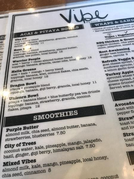 Menu at Vibe Health Bar, Sacramento, Broadway