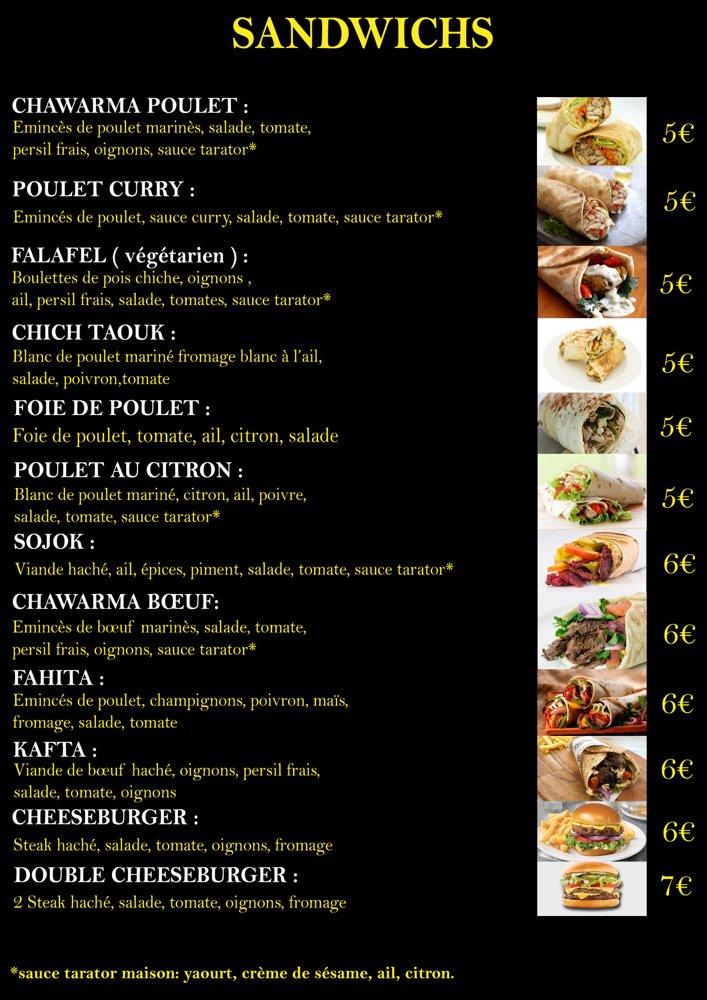 Menu au Ya Habibi restaurant, Croix