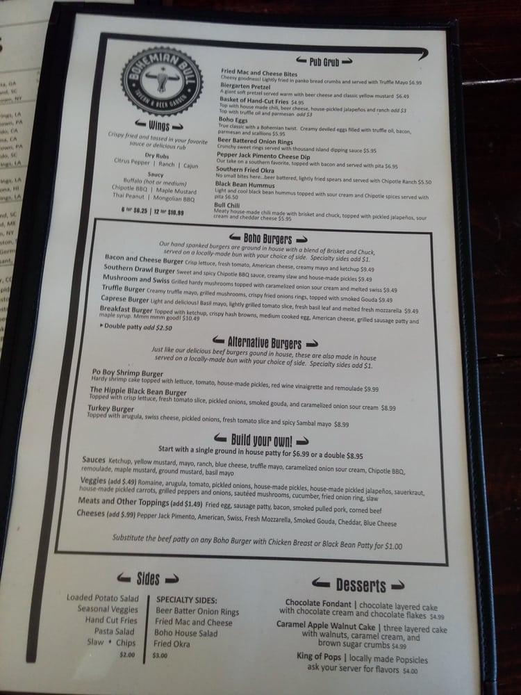 Menu at Bohemian Bull restaurant, Charleston
