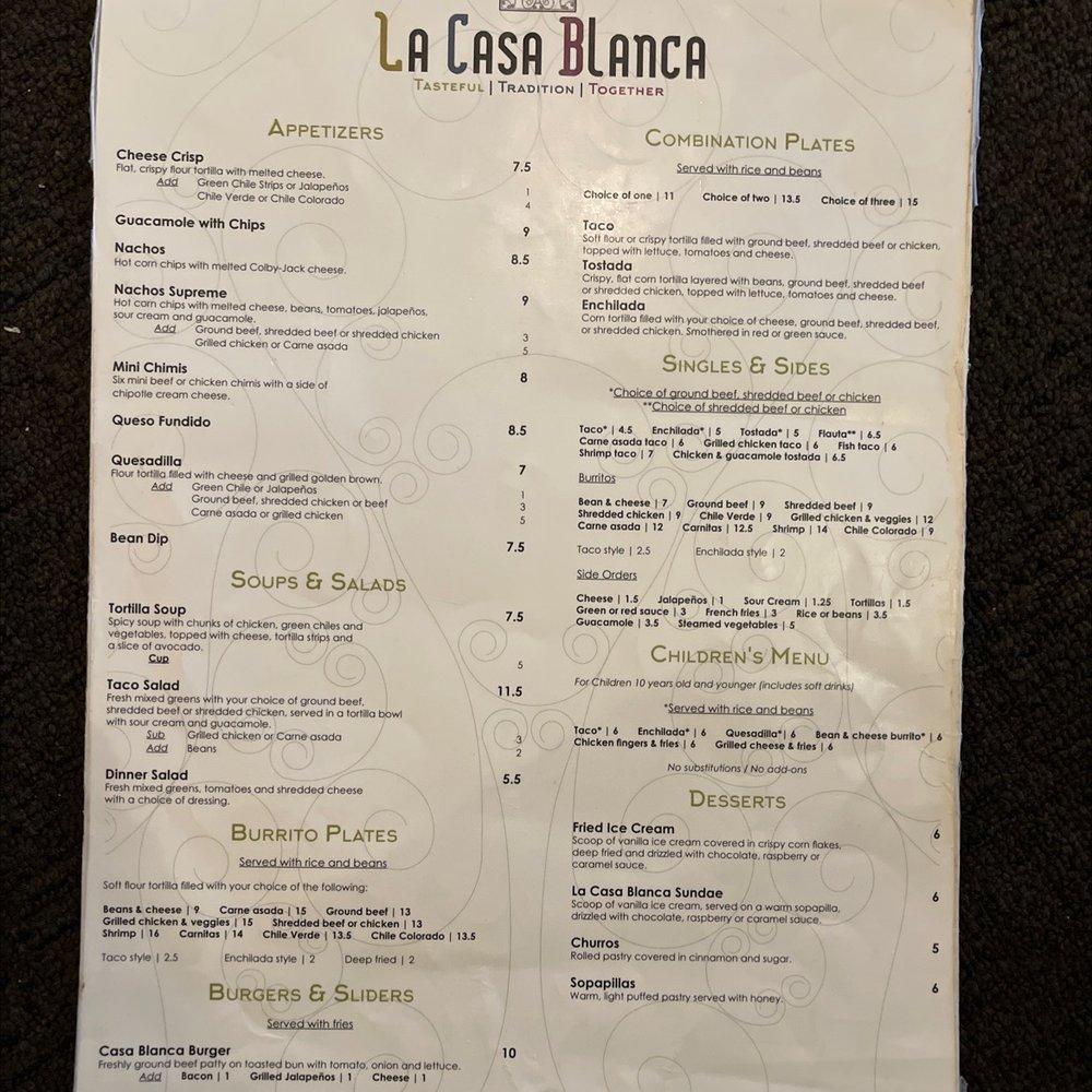Menu at La Casa Blanca restaurant, Chandler
