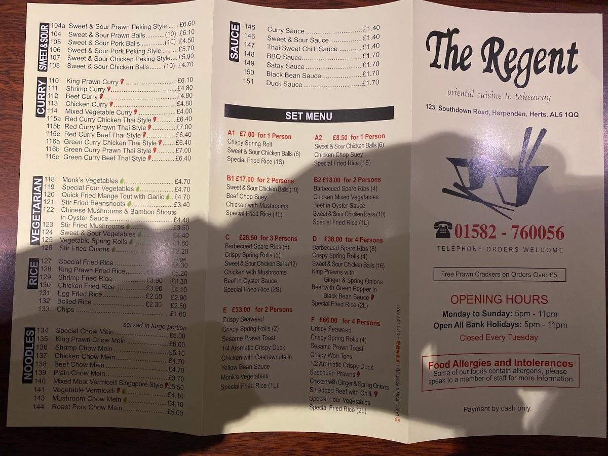 Menu at Regent fast food, Harpenden