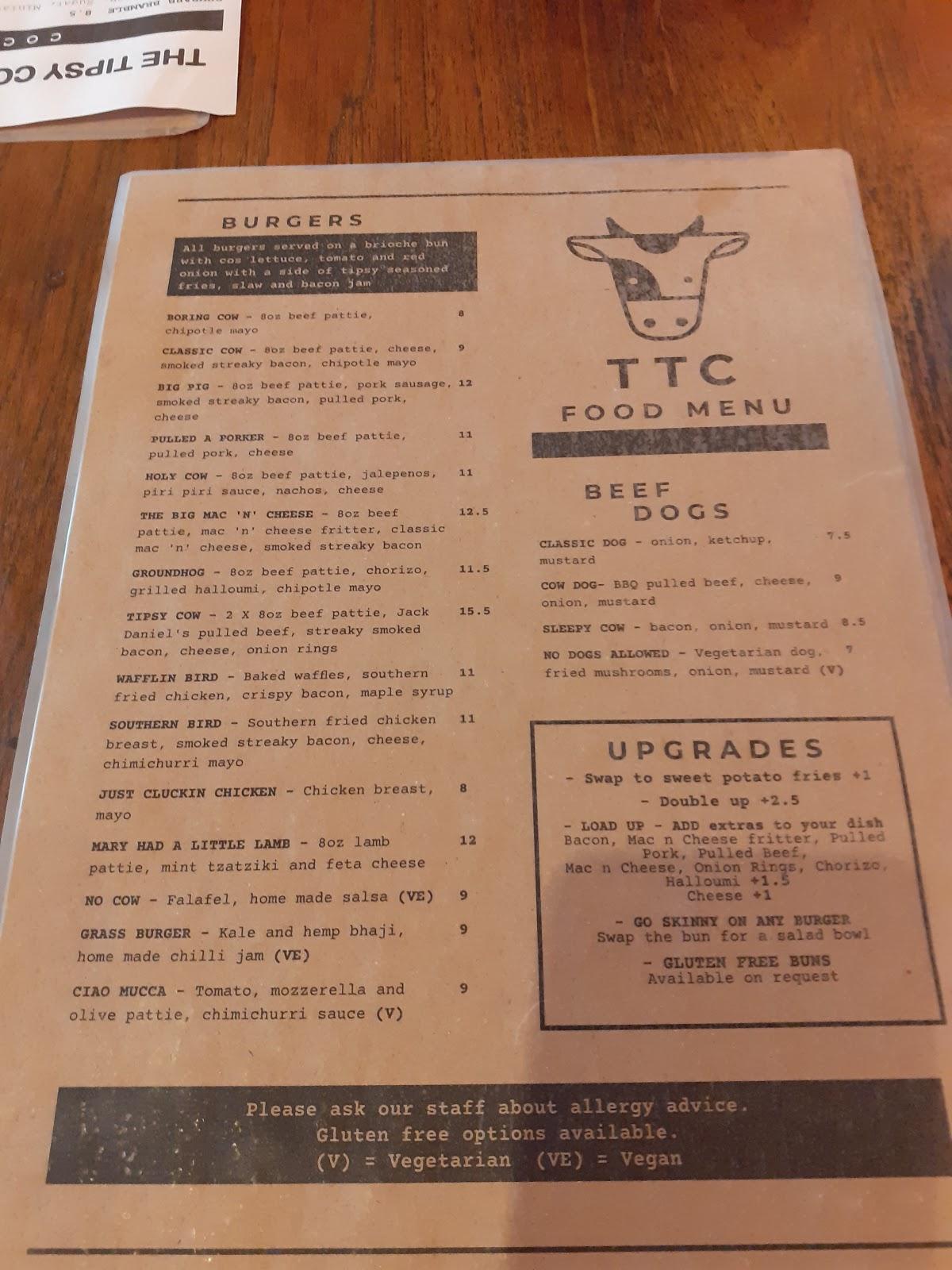 Menu at The Tipsy Cow pub & bar, Poulton-le-Fylde