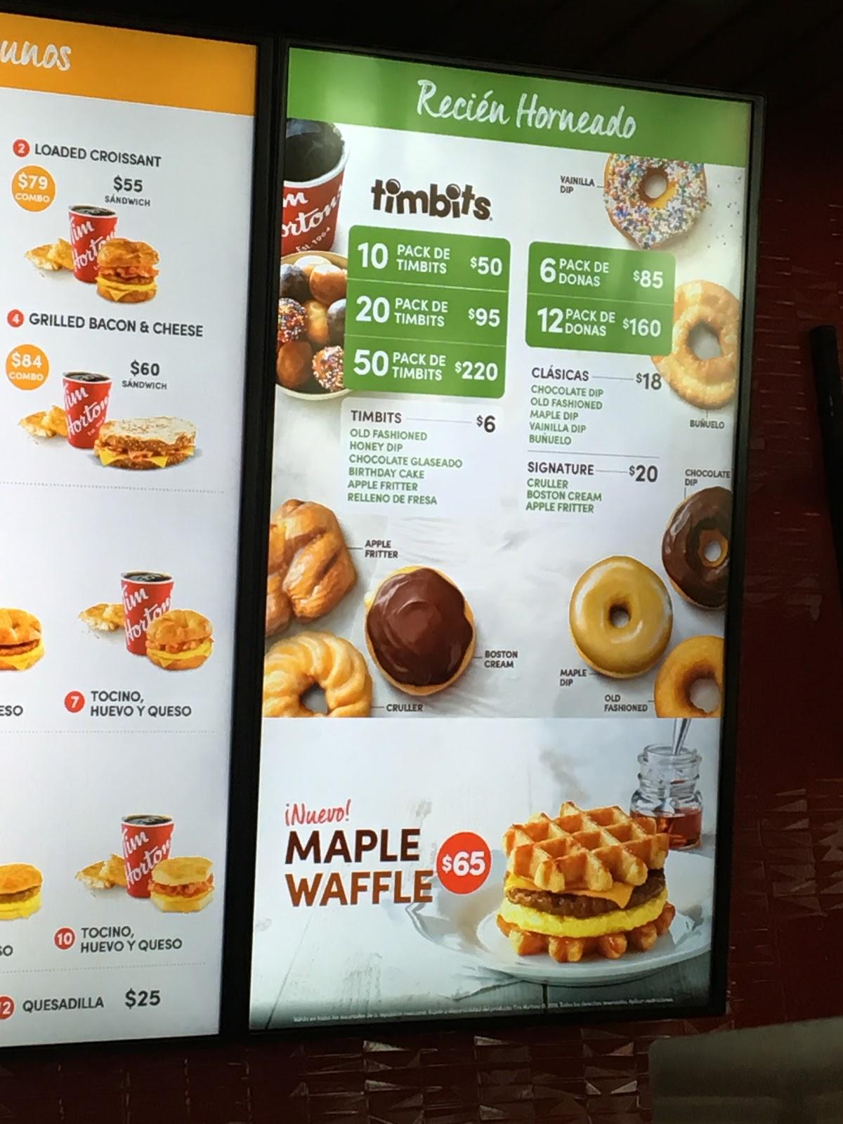 Carta del café Tim Hortons, Monterrey, Av. Eugenio Garza Sada 3933