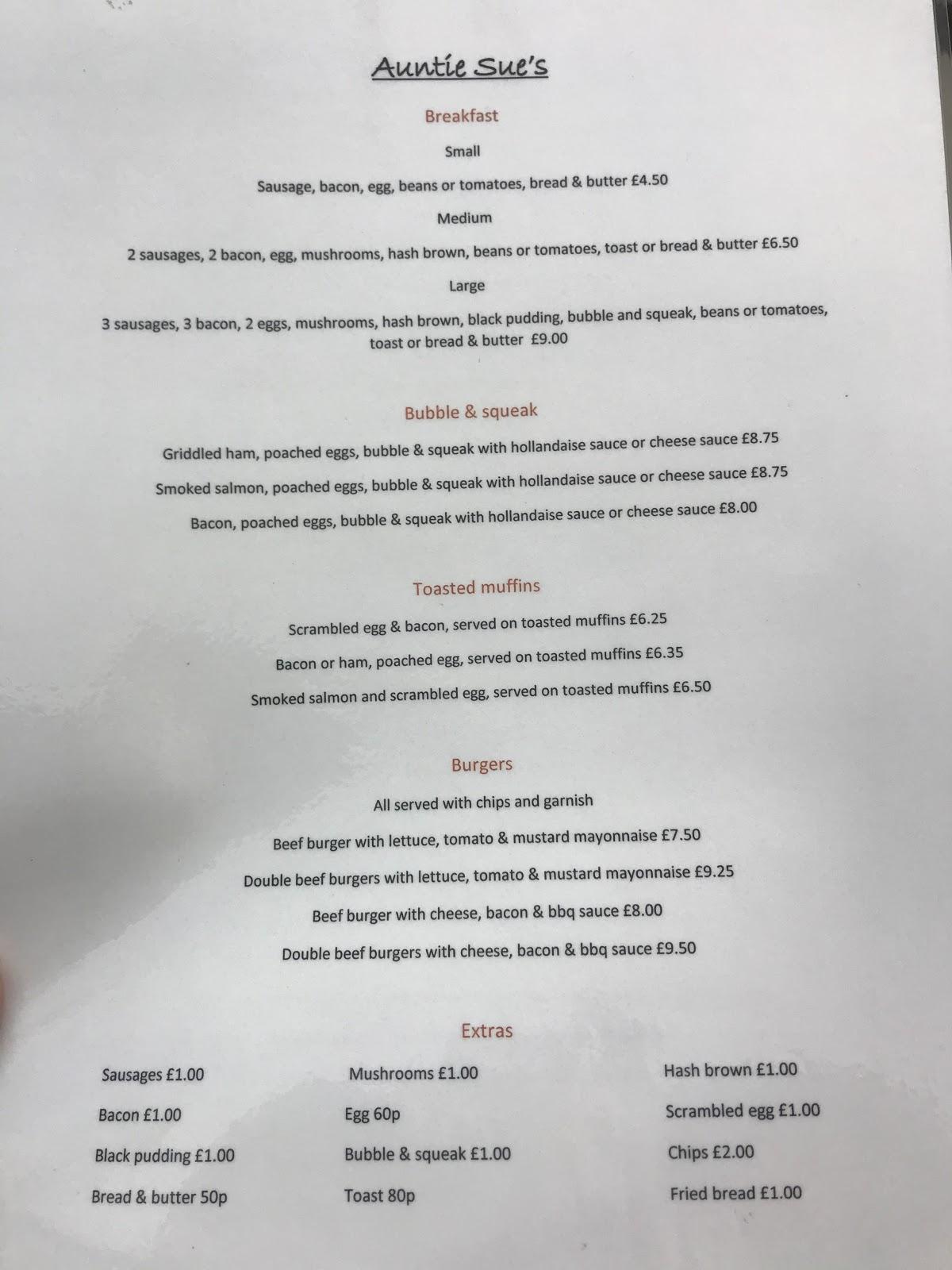 Menu at Auntie Sue's Cafe, Bristol
