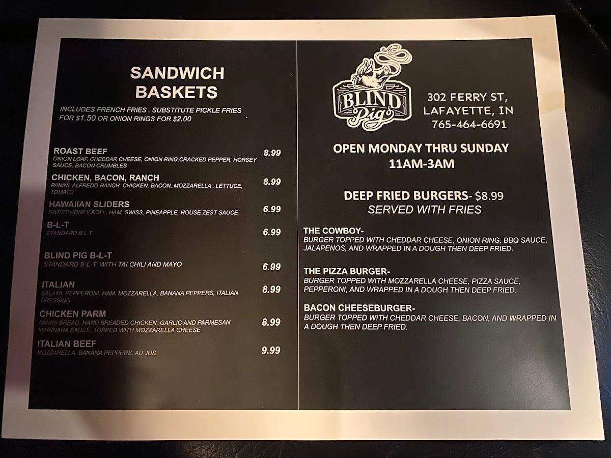 Menu at Blind Pig pub & bar, Lafayette