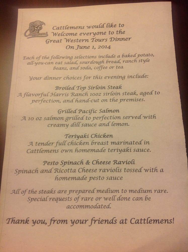 Menu at Cattlemens steakhouse, Selma, Art Gonzales Pkwy