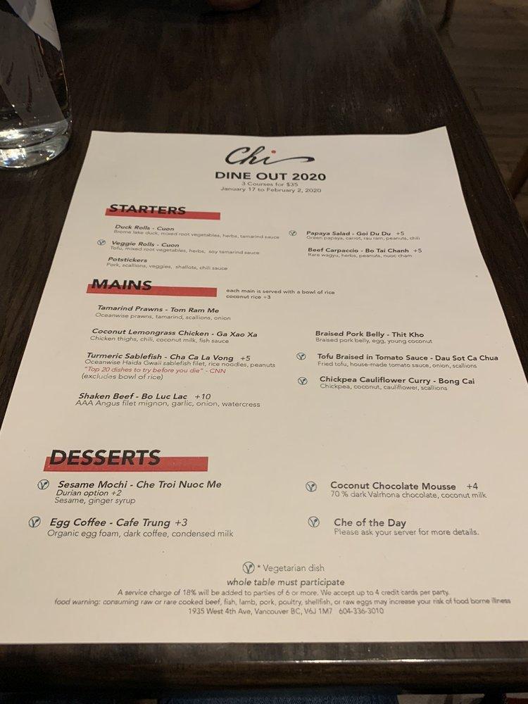 Menu at Chi restaurant, Vancouver, W 4th Ave