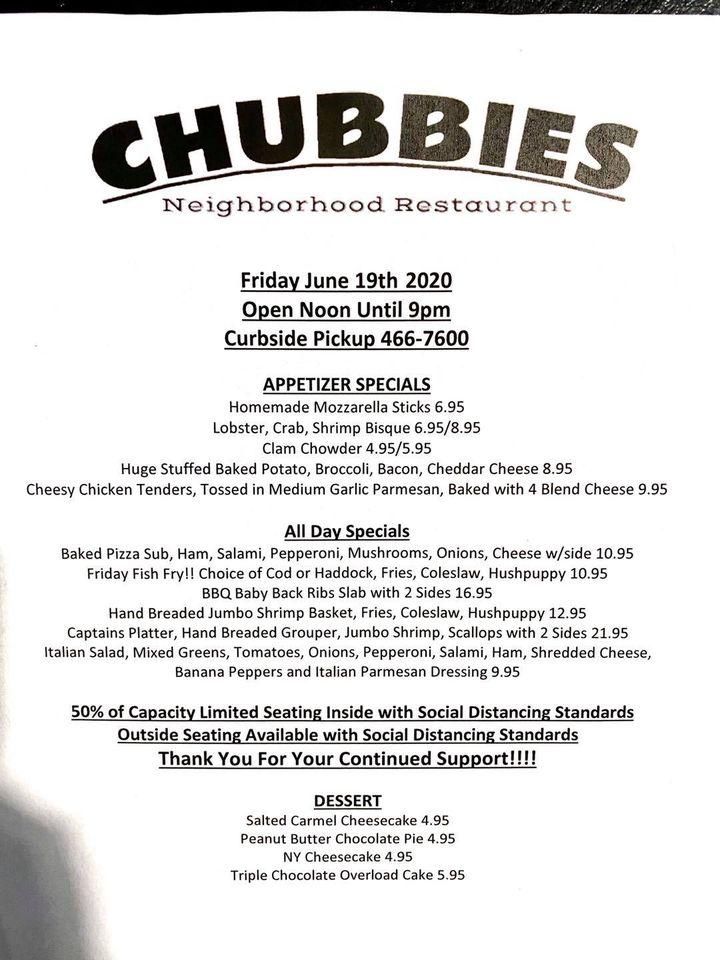 Menu at Chubbies pub & bar, Fort Pierce