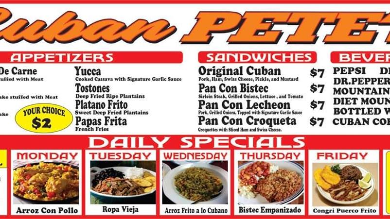 Menu at Cuban Pete's original cubans, Kingsport