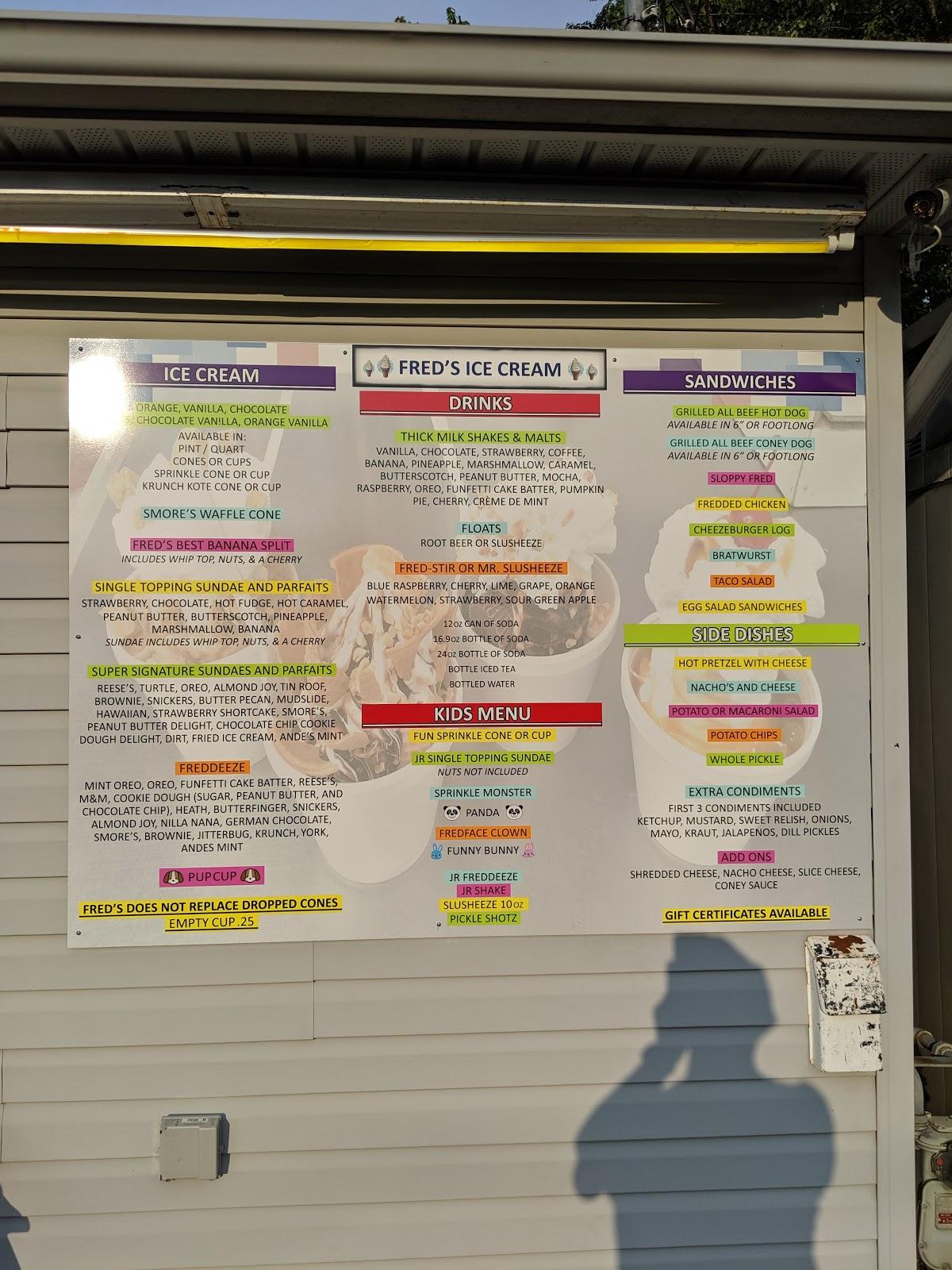 Menu at Fred's Ice Cream, Marion