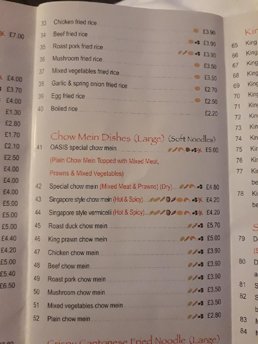 Menu at Oasis Chinese Takeway fast food, Dover