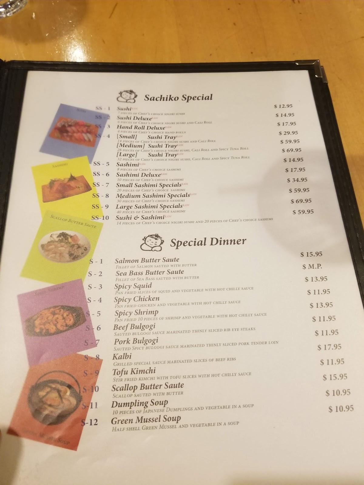 Menu at Sachiko Sushi restaurant, Tucson, N Wilmot Rd