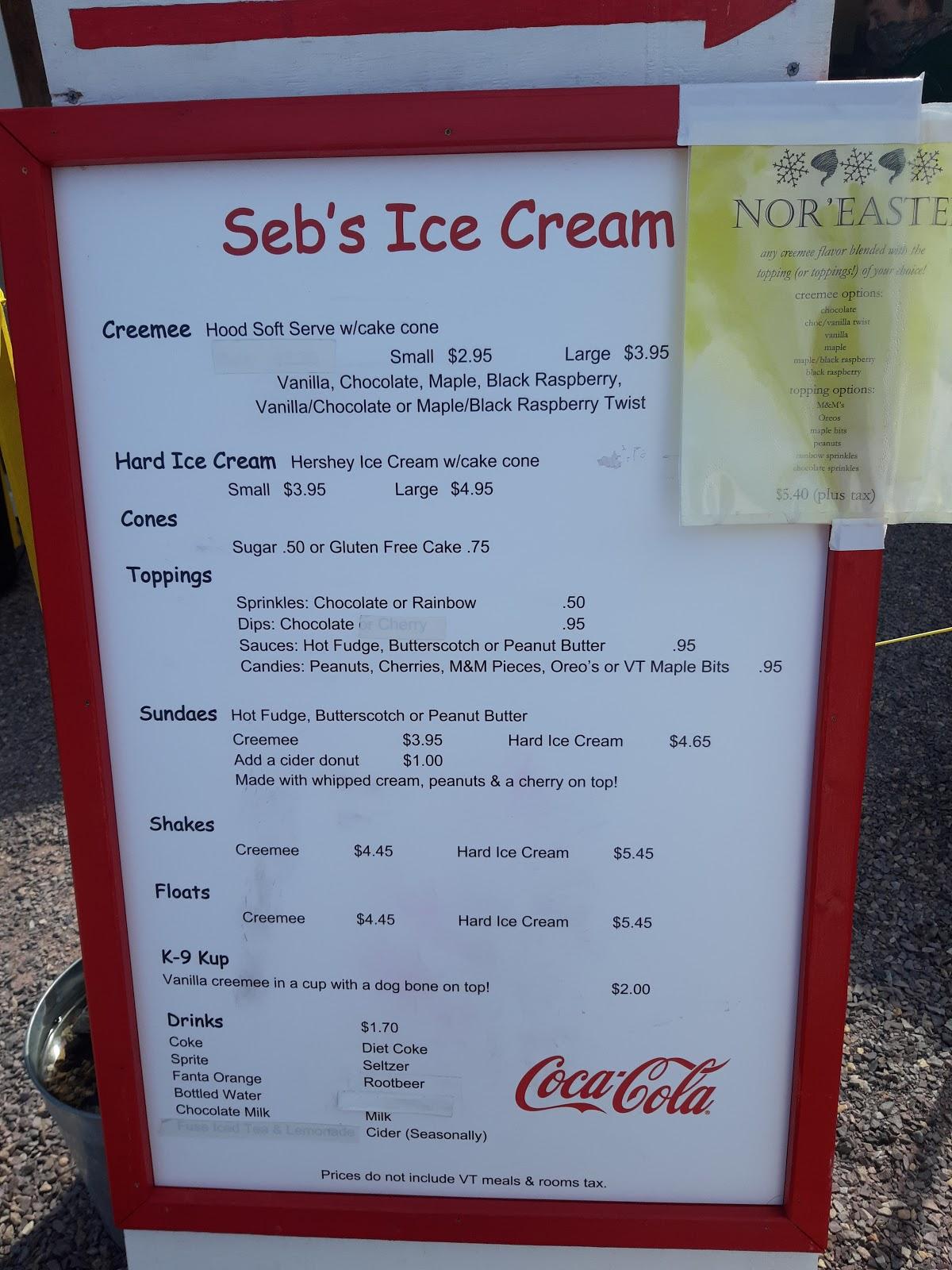 Menu at Seb's Snack Bar, South Hero