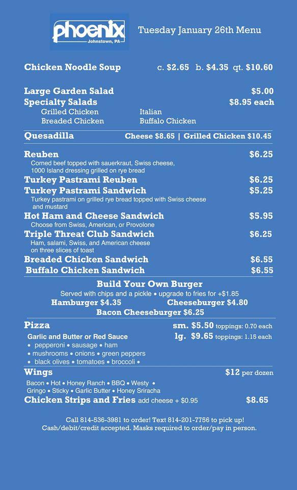 Menu at The Phoenix Tavern pub & bar, Johnstown