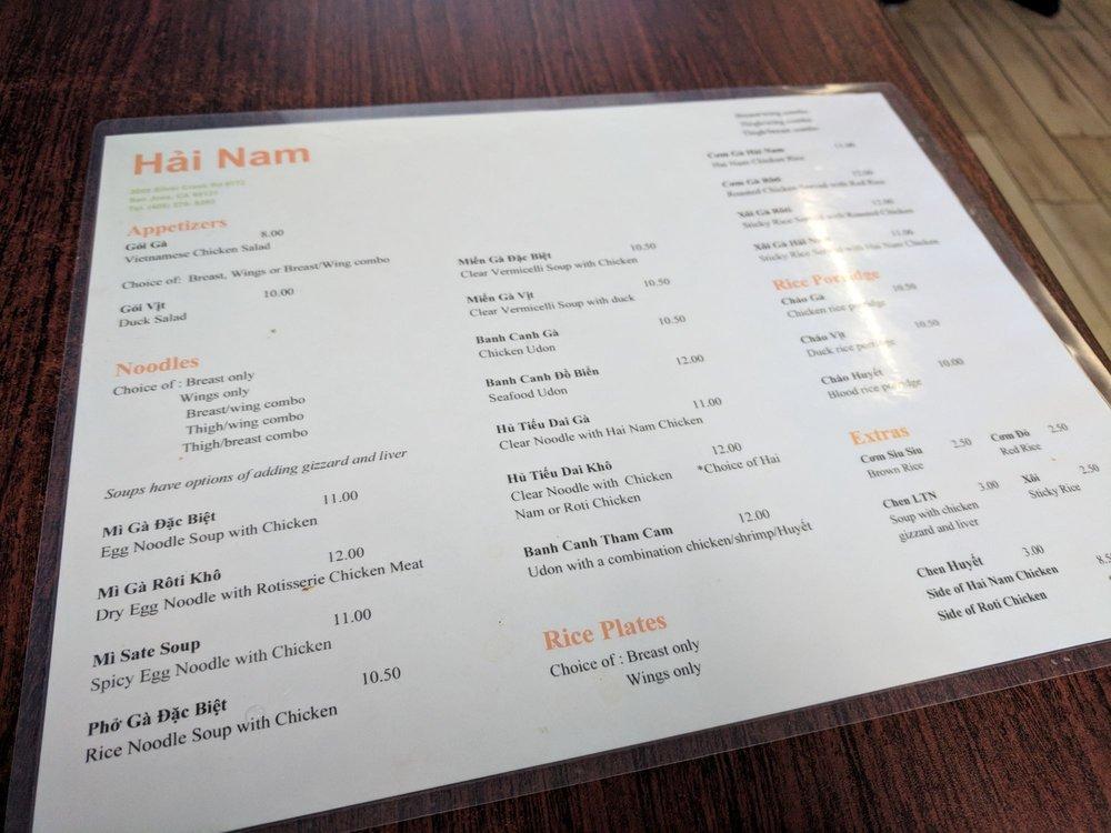 Menu at Hai Nam Restaurant, San Jose