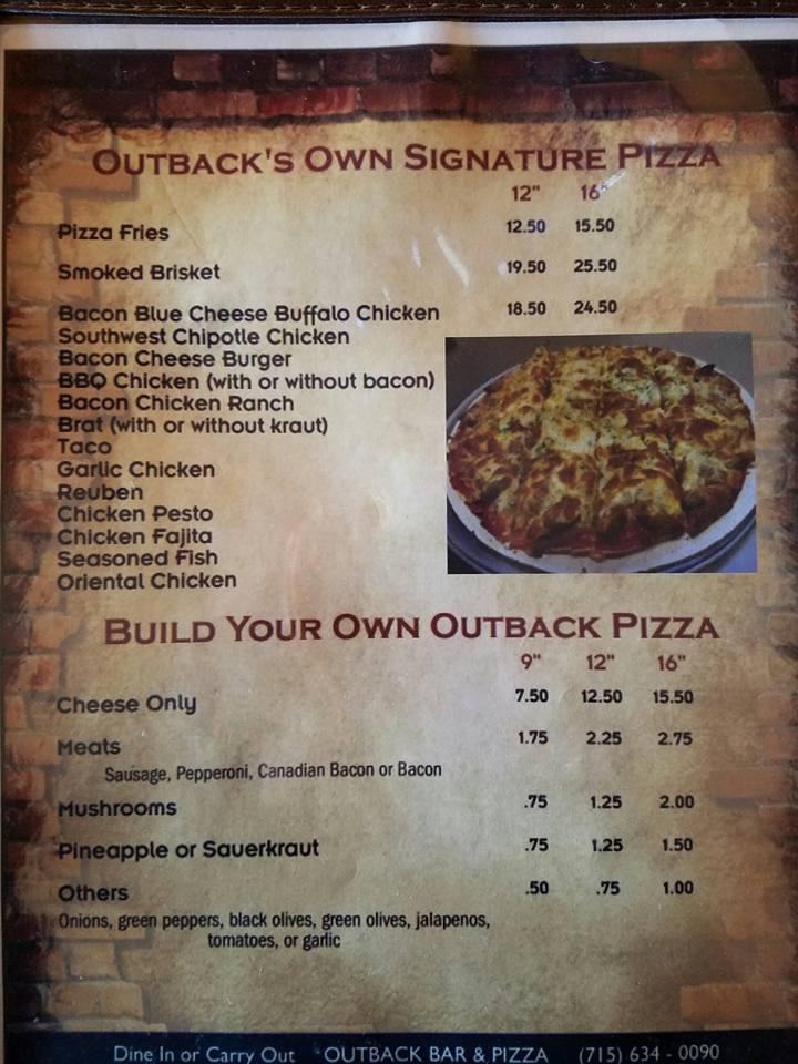 Carta de Outback Bar and Pizza Menu, Estados Unidos