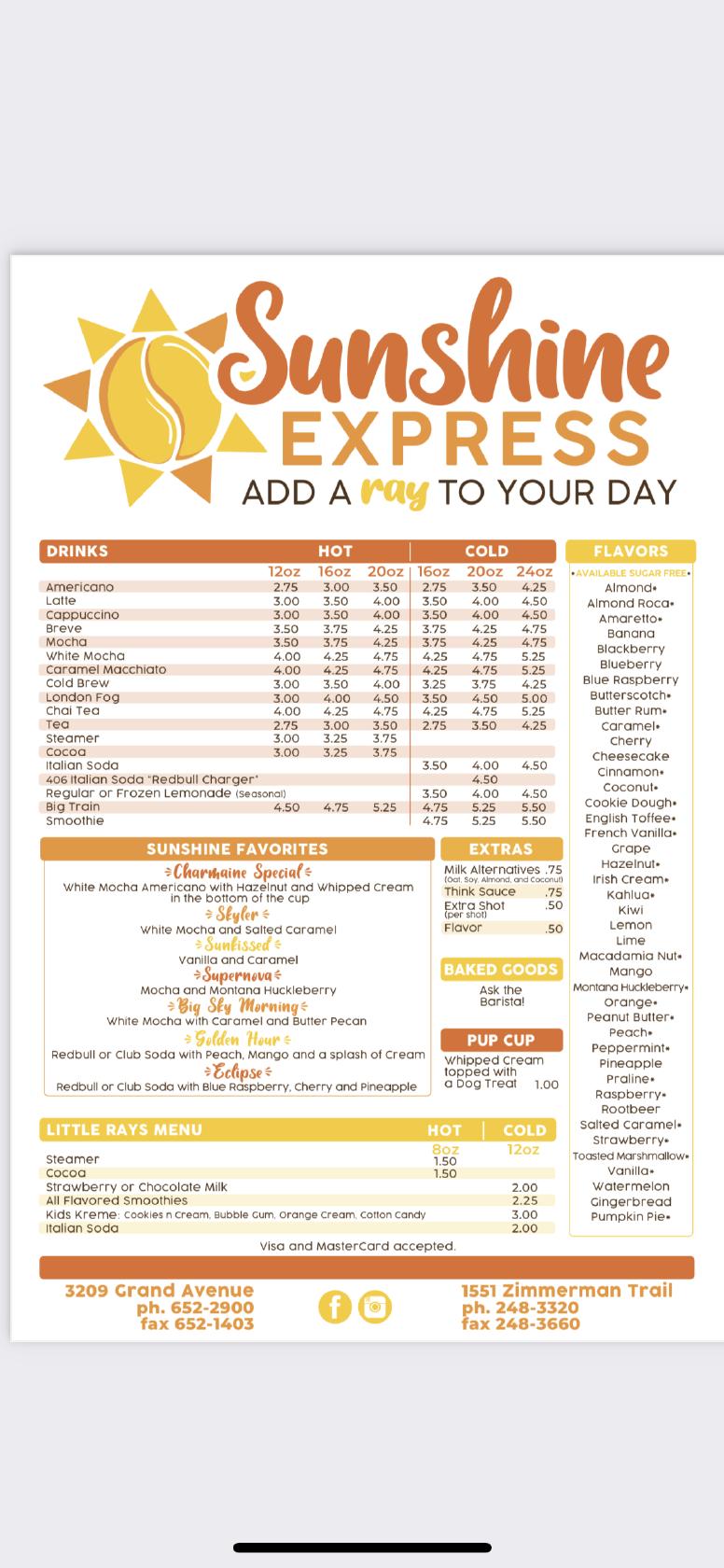 Menu at Sunshine Express restaurant, Billings, Zimmerman Trail