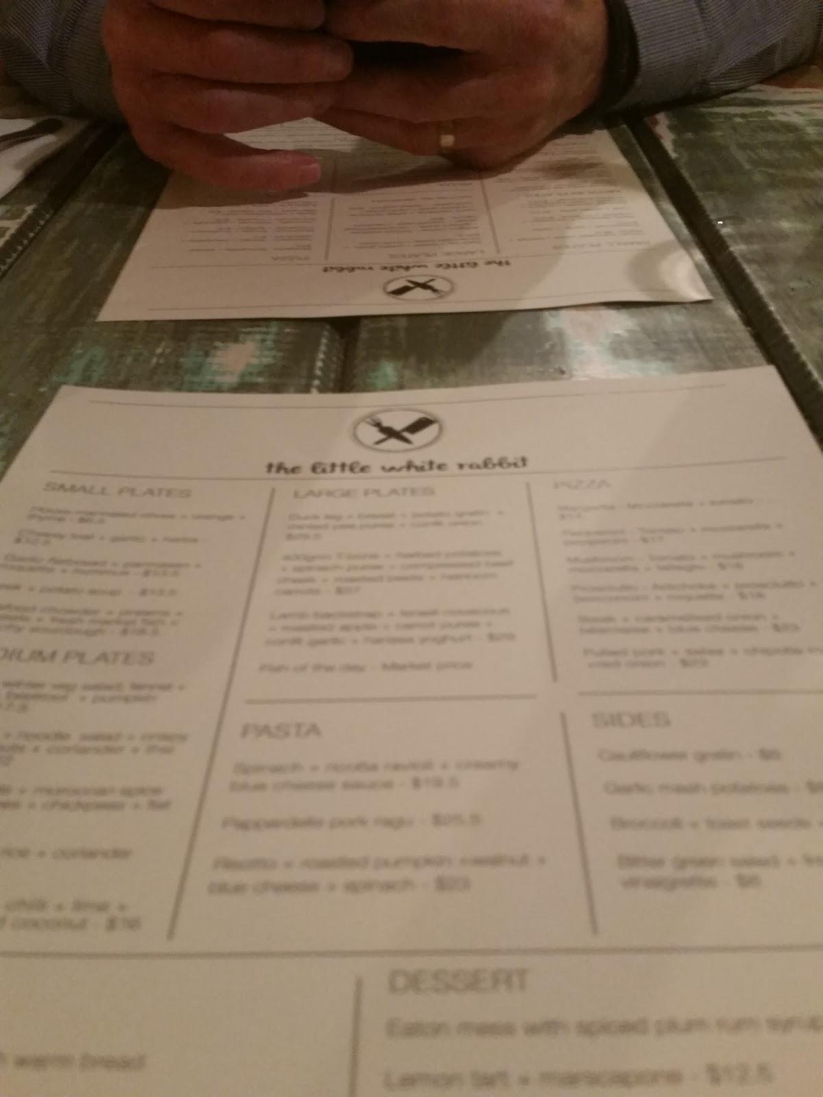 Menu at The Little White Rabbit cafe, Foxton Beach