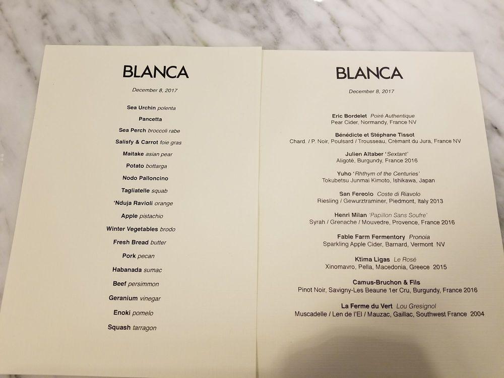 Menu at Blanca restaurant, New York City, 261 Moore St