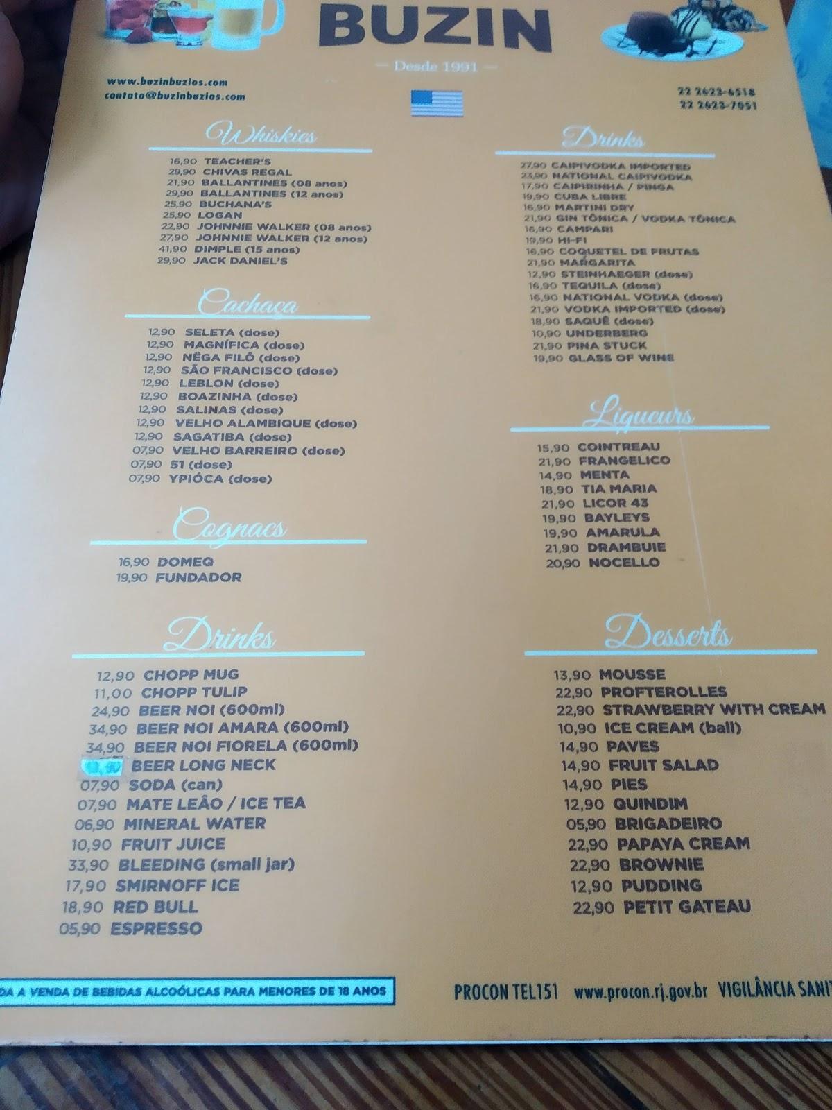 Menu at Buzin pub & bar, Armação dos Búzios, R. Manoel Turíbio de Farias