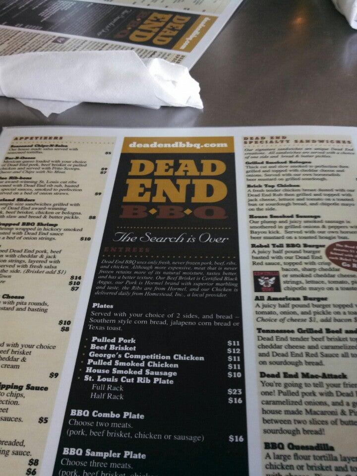 Menu at Dead End BBQ, Knoxville, Sutherland Ave