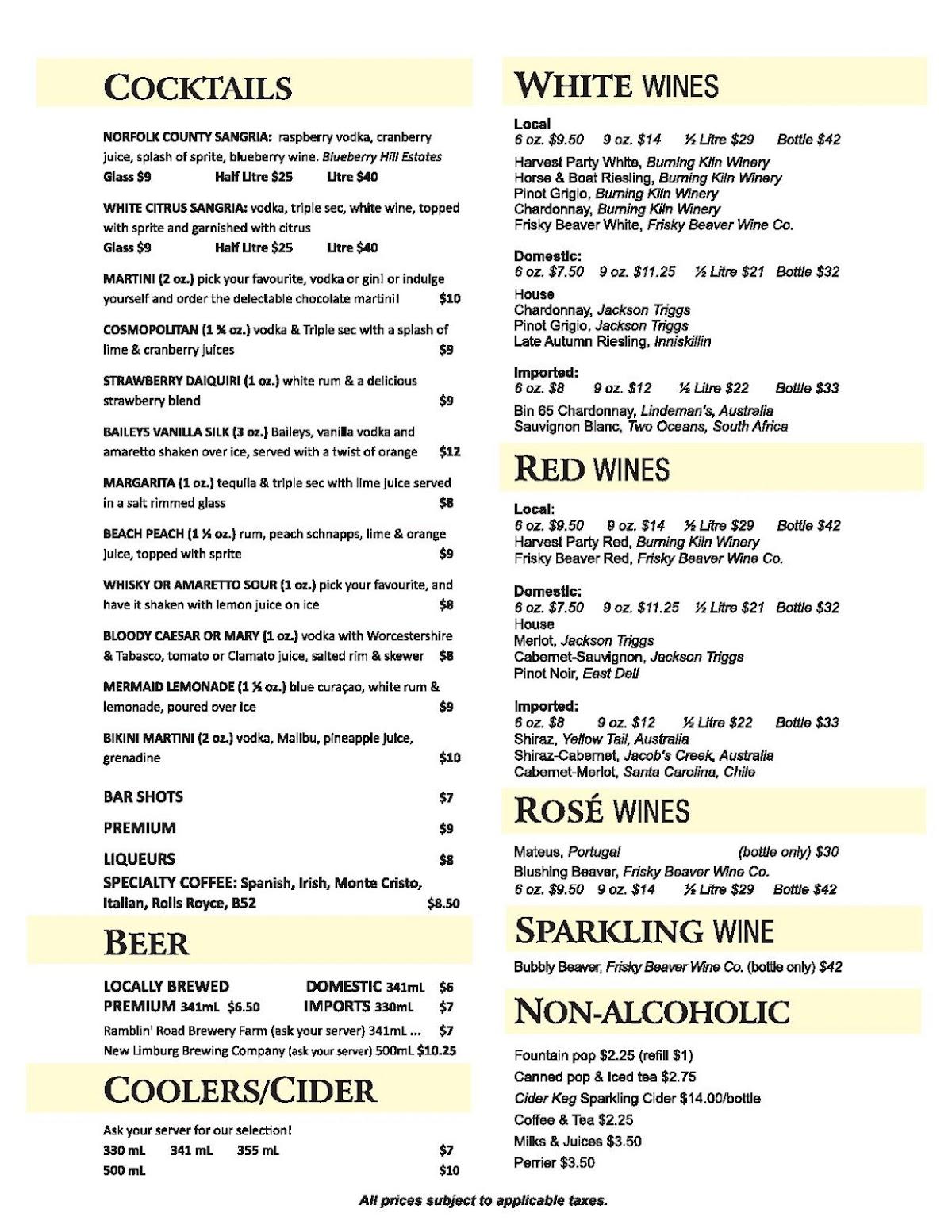 Menu at Erie Beach Hotel pub & bar, Port Dover, 19 Walker St