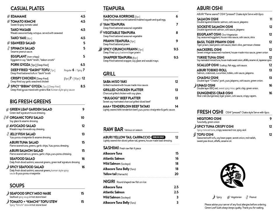 Menu at Green Leaf Café, Burnaby