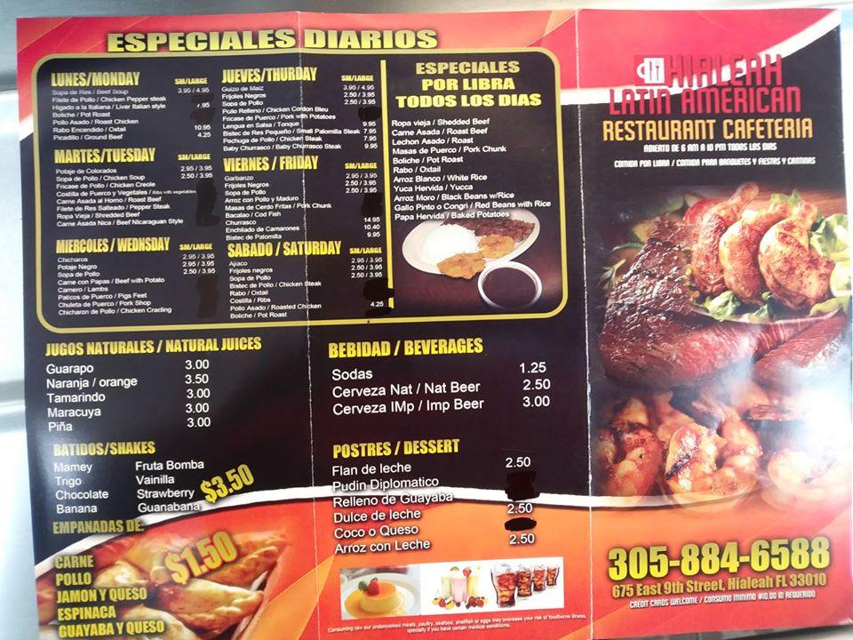 Menu at Latin America restaurant, Hialeah, 675 street 9th