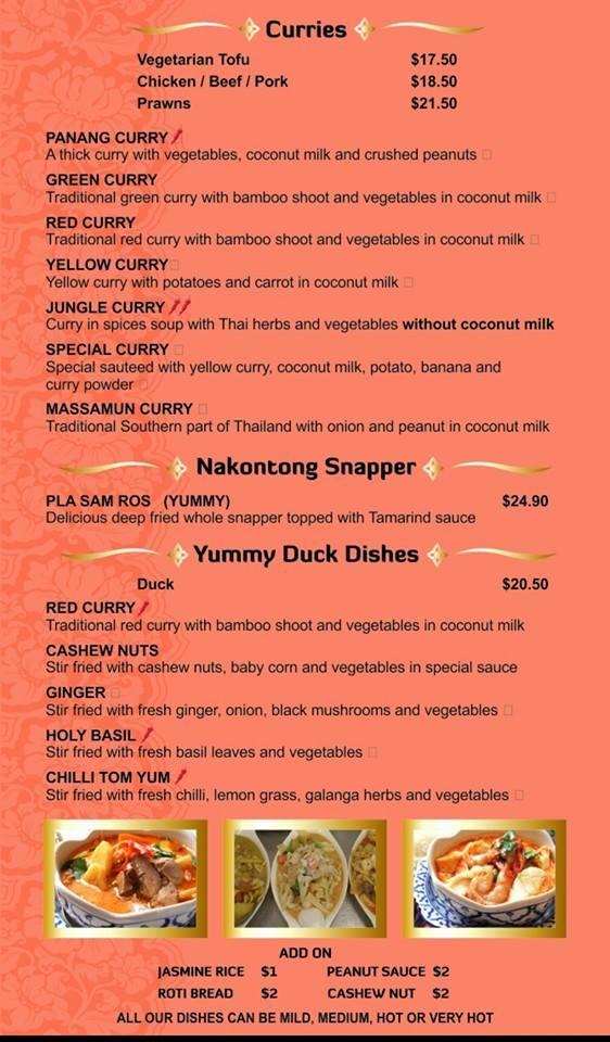 Menu at Nakontong Thai restaurant, Thames