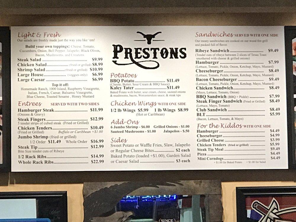 Menu at Prestons steakhouse, Troy
