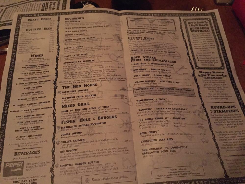 Menu at Rustler’s Rooste steakhouse, Phoenix