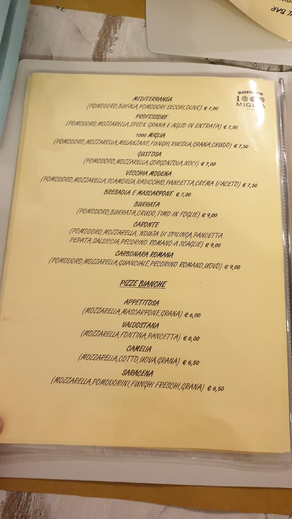 Speisekarte von 1000 Miglia pizza, Ferrara