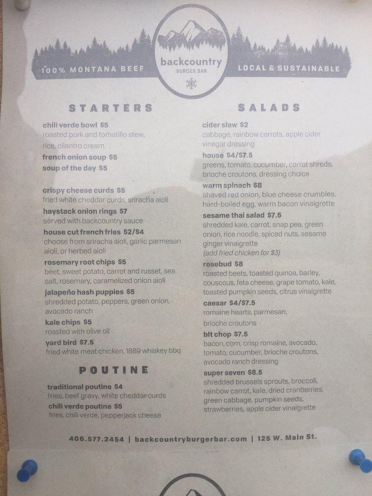Menu at Backcountry Burger Bar, Bozeman
