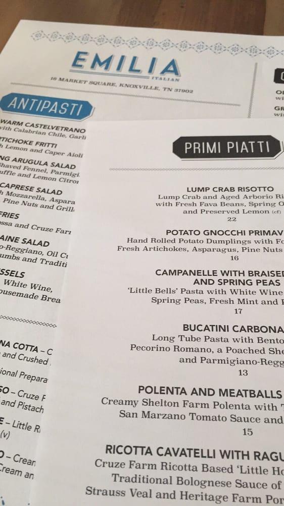 Menu at Emilia restaurant, Knoxville