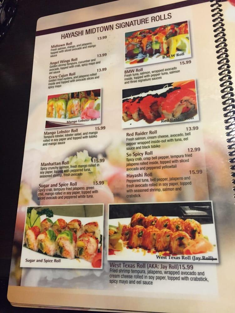 Menu at Hayashi Midtown restaurant, Lubbock, 19th St