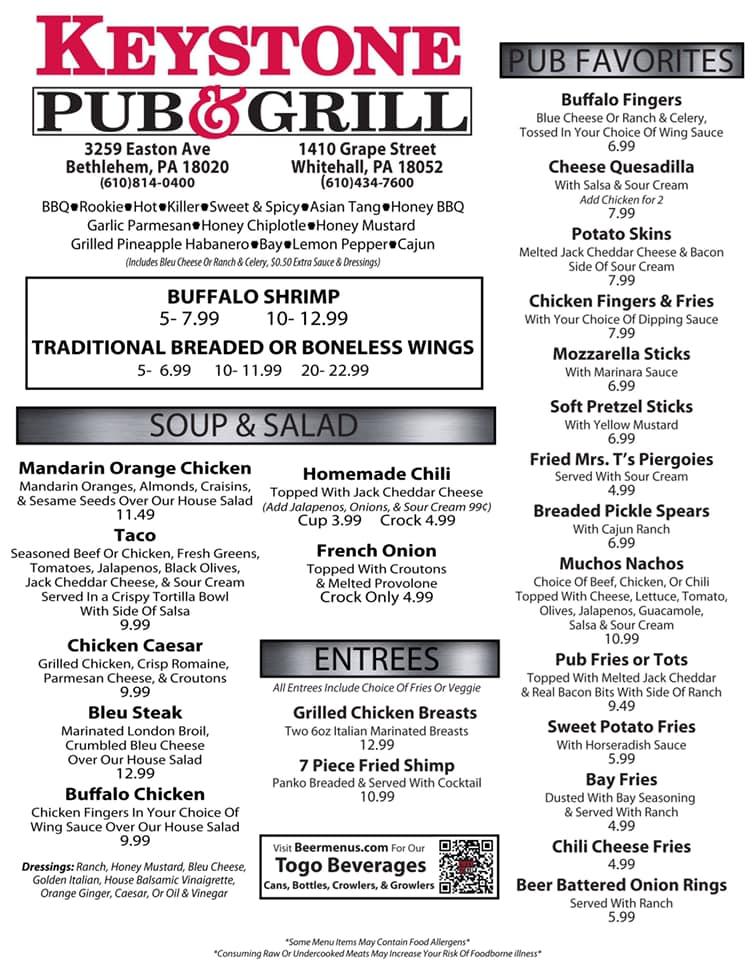 Menu at Keystone Pub, Bethlehem
